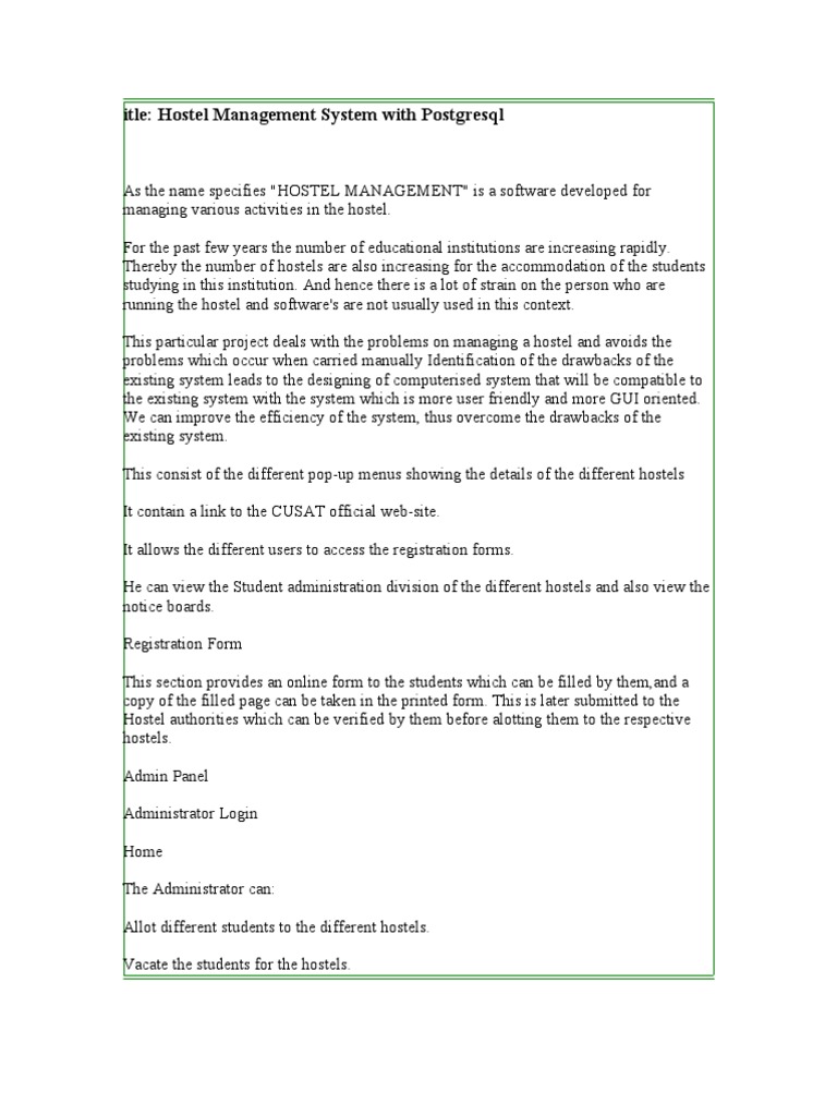 Itle: Hostel Management System With Postgresql | PDF | Php | Digital ...