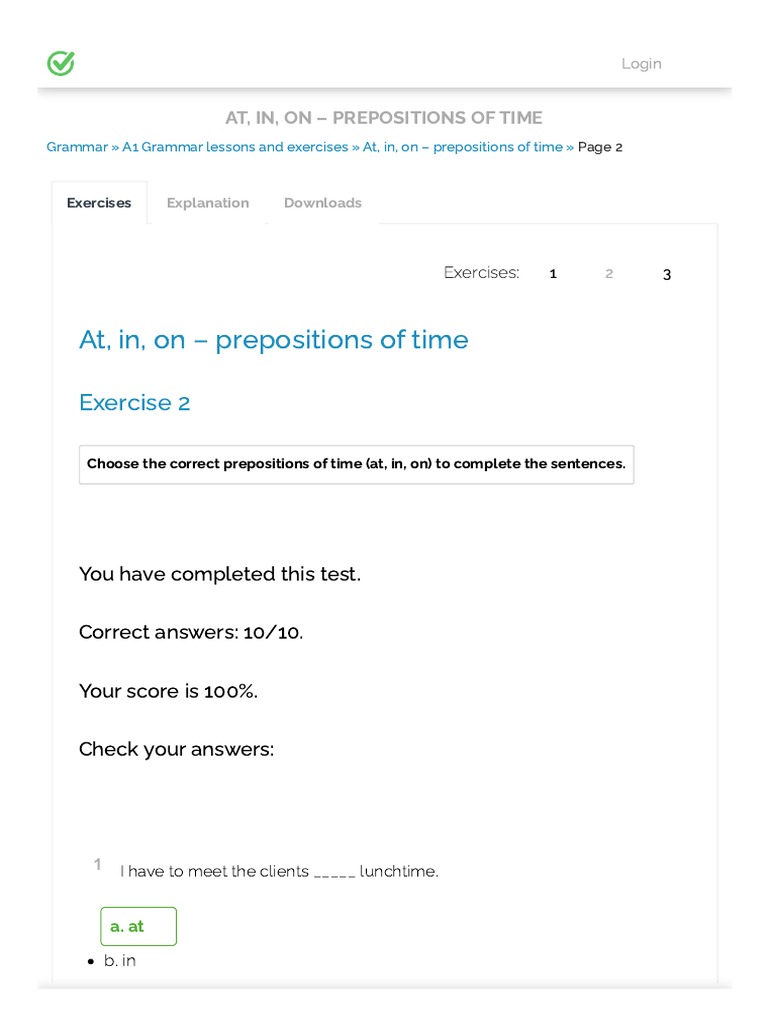 At, In, On - Prepositions of Time - Page 2 of 3 - Test-English | PDF