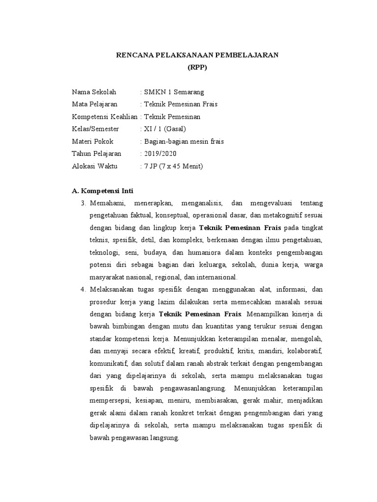 RPP KD 3.1 Bagian-Bagian Mesin Frais | PDF