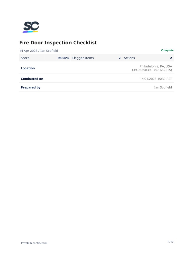 Fire Door Inspection Checklist Sample Report SafetyCulture | PDF