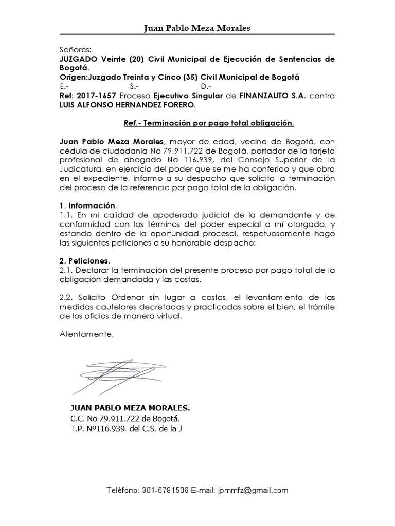 Terminación Por Pago Total LUIS ALFONSO HERNANDEZ FORERO | PDF