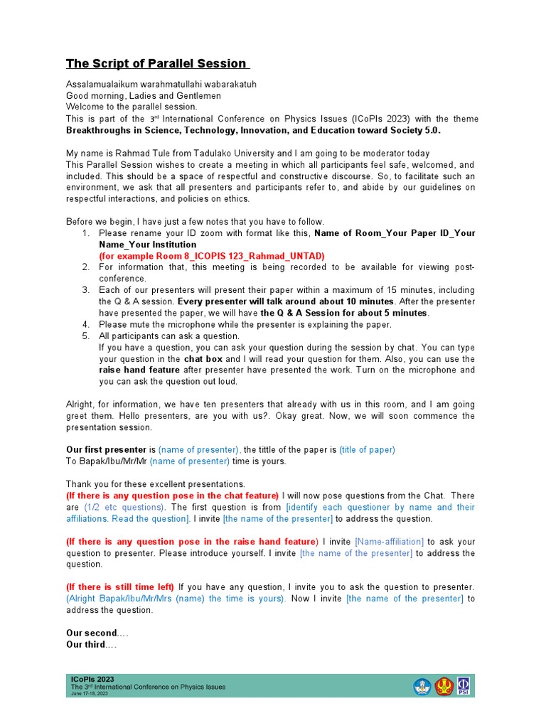Revisi Script of Moderator - ICoPIs 2023 - Physics Edu - UNTAD | PDF | Human Communication