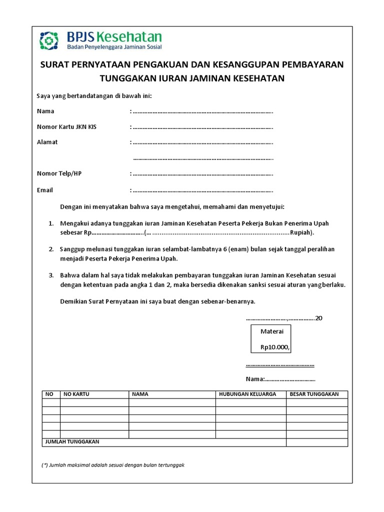 Surat Pernyataan Tunggakan Iuran BPJS Mandiri | PDF