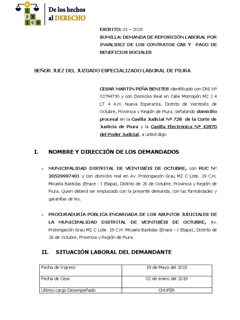 Modelo de Demanda de Reposicion Laboral Por Invalidez de Los Contratos Cas y Pago de Beneficios ...