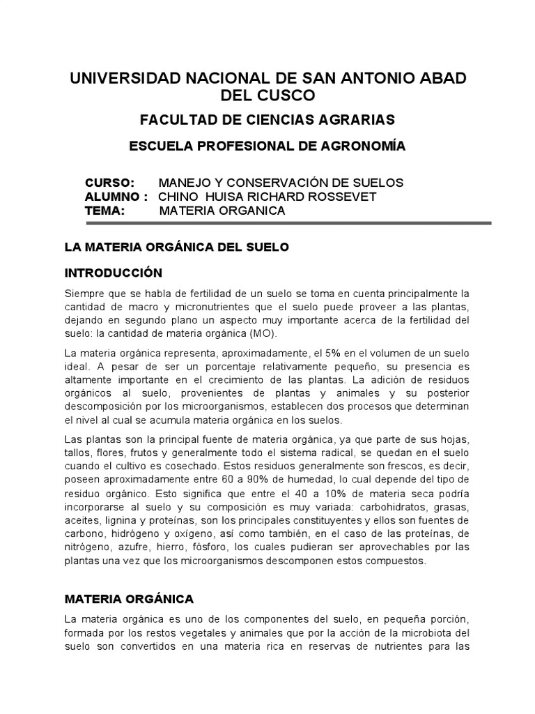 Beneficios de la materia orgánica en suelos | PDF | Suelo | Nutrientes