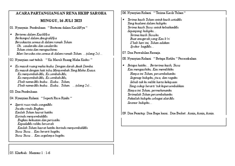 Acara Partangiangan Rena HKBP Saroha | PDF