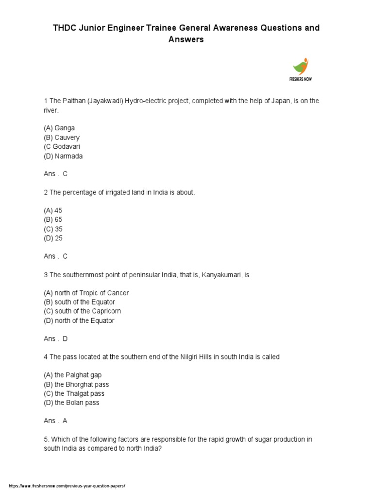 THDC Junior Engineer Trainee General Awareness Questions and Answers | PDF