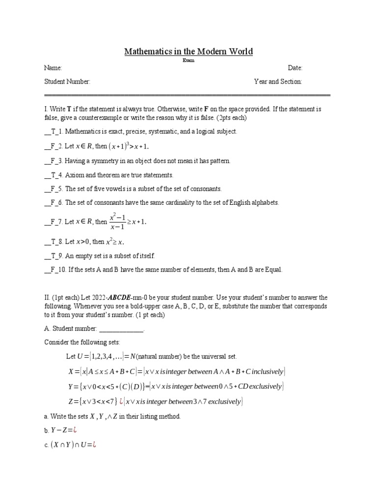 Mathematics Exam: Truth Values & Sets | PDF