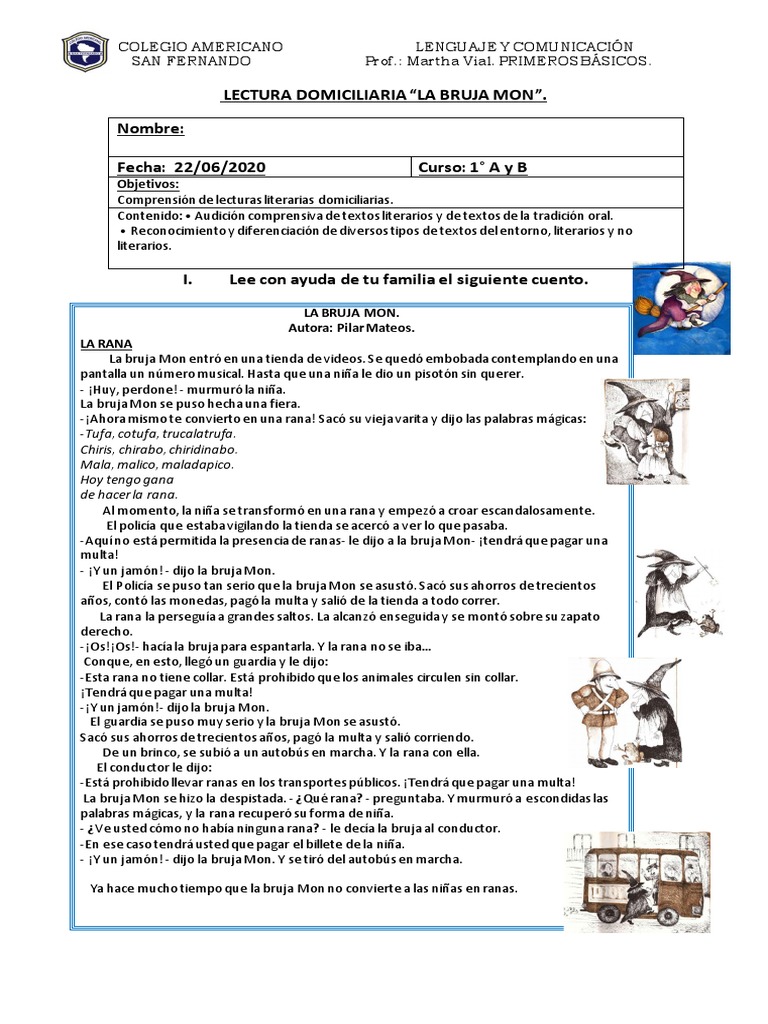 13°GUIA FICHA DE LECTURA LENGUAJE CASA 1°básico | PDF