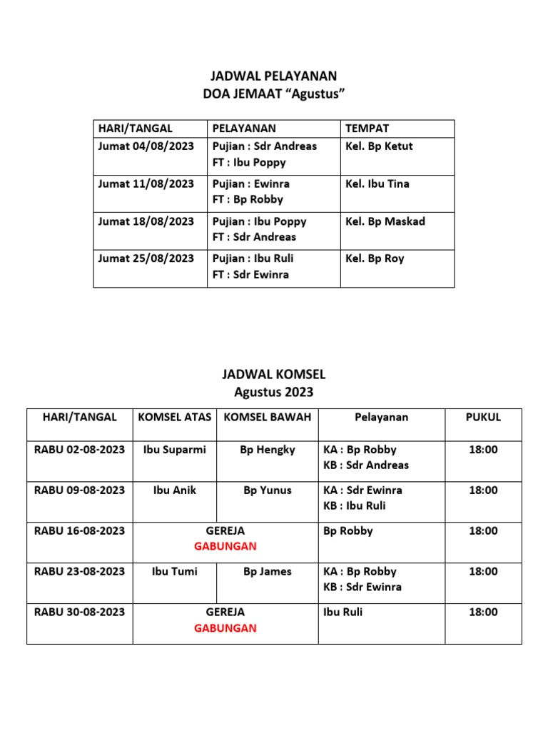 Jadwal Pelayanan Komsel Dan Doa | PDF