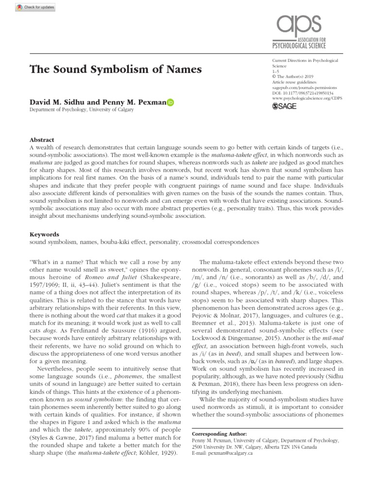 The Sound Symbolism of Names: David M. Sidhu and Penny M. Pexman | PDF ...