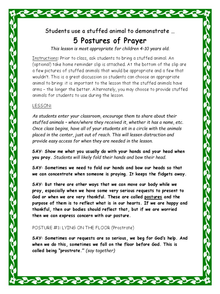 5 Postures of Prayer: Students Use A Stuffed Animal To Demonstrate ...
