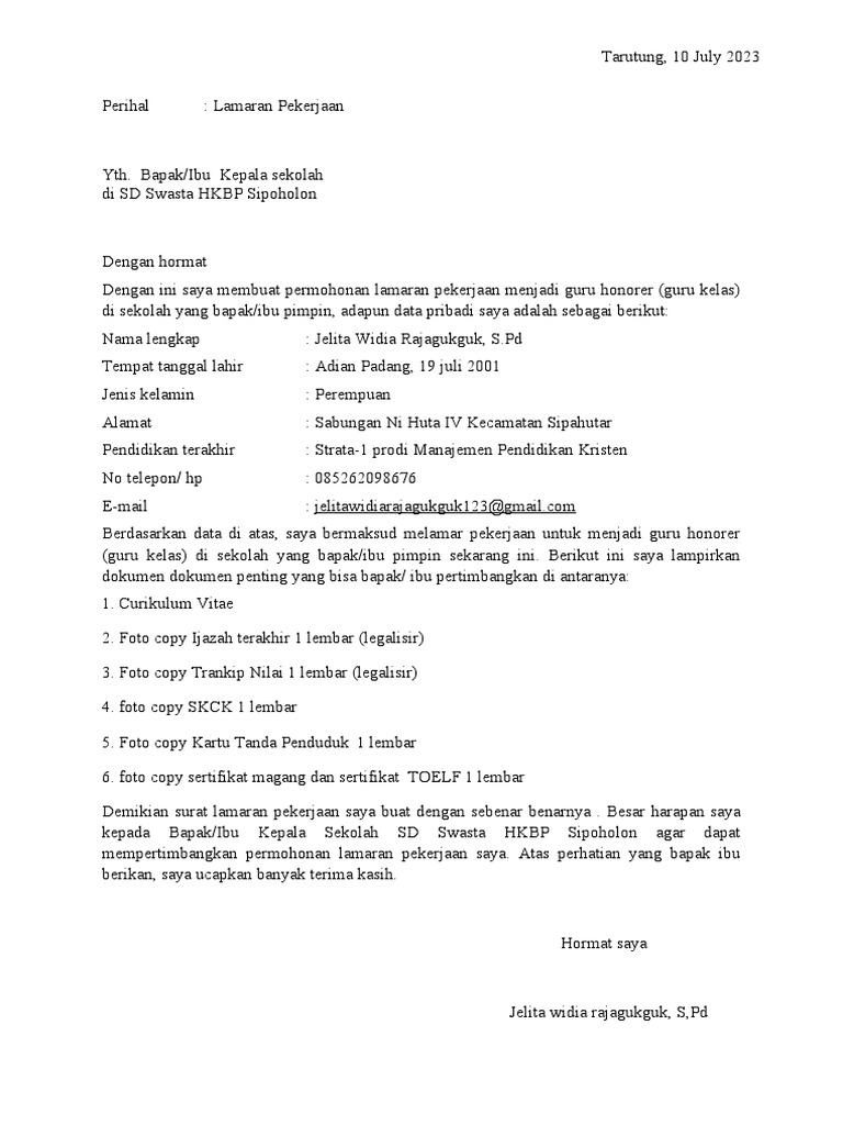 Surat Lamaran Kerja SD | PDF