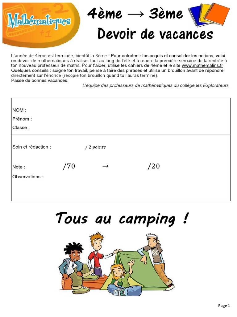 Tous Au Camping !: Nom: Prénom: Classe | PDF