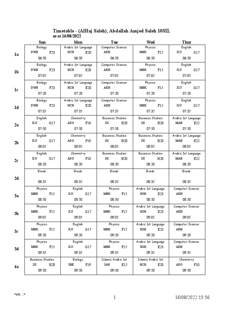 Timetable - (Alhaj Saleh), Abdallah Amjed Saleh 10sil: As at 16/08/2022 ...