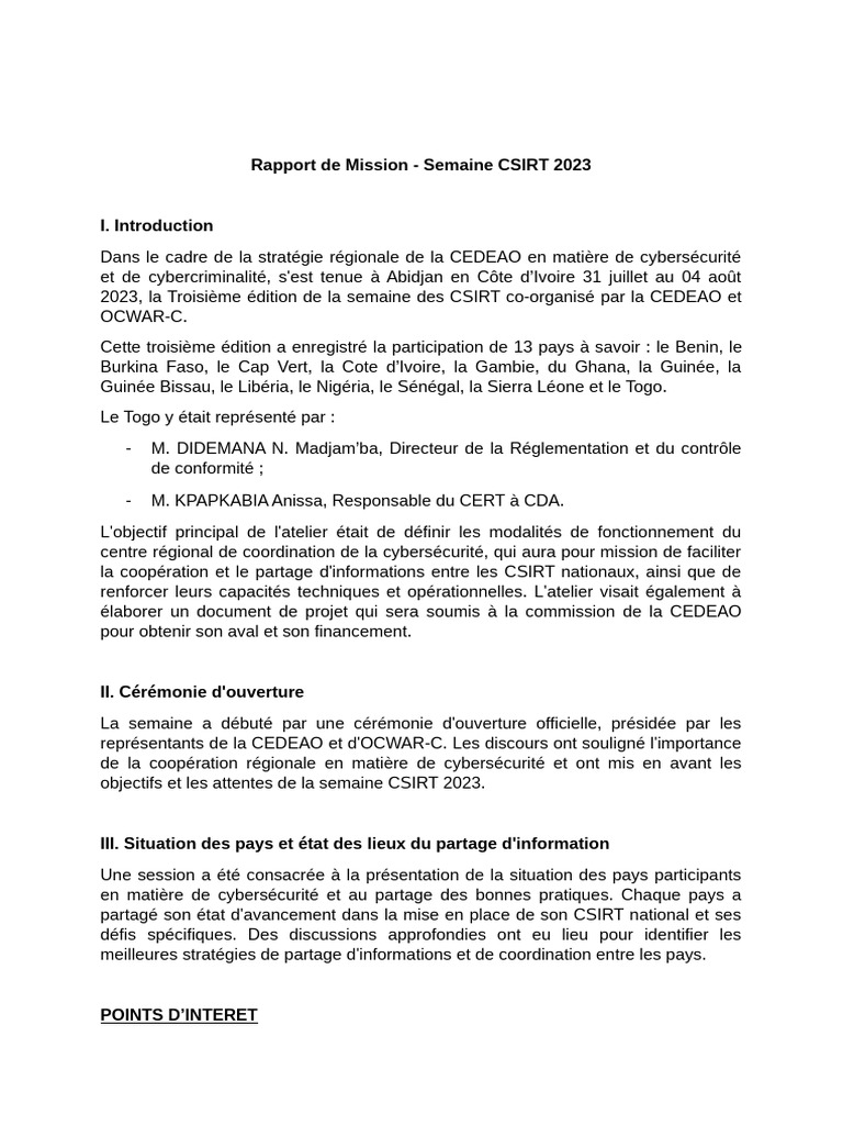 Rapport de Mission | PDF