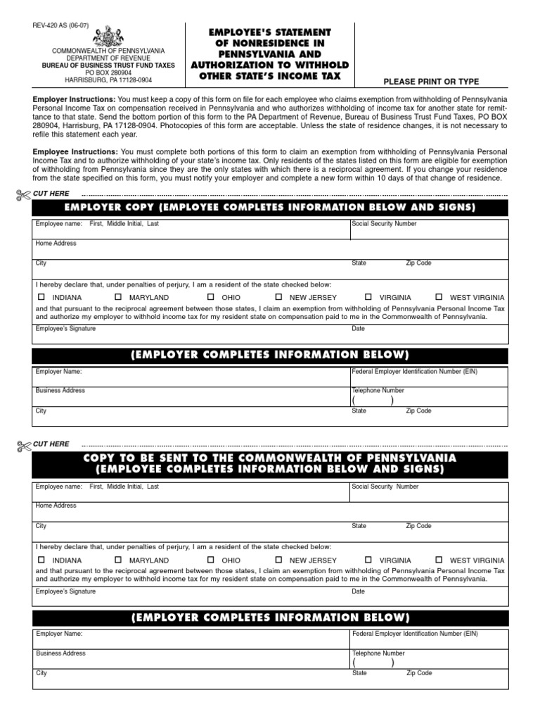 Pennsylvania Nonresidence Form Rev 420 3 | PDF