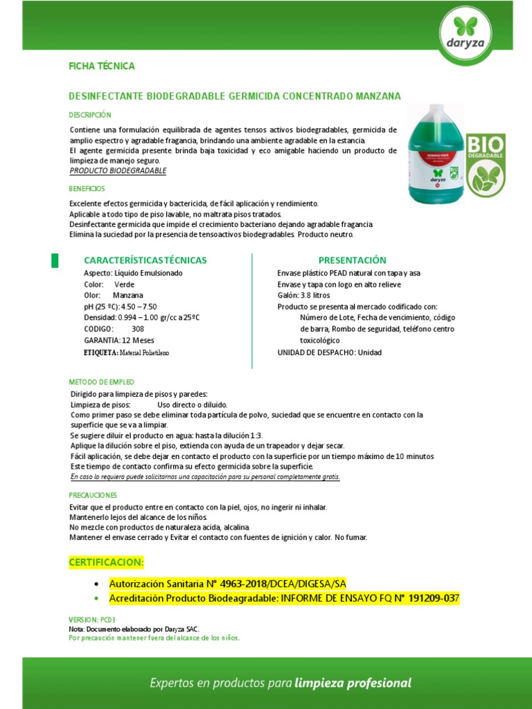 Desinfectante Daryza 308 | PDF | Sustancias químicas | Materiales
