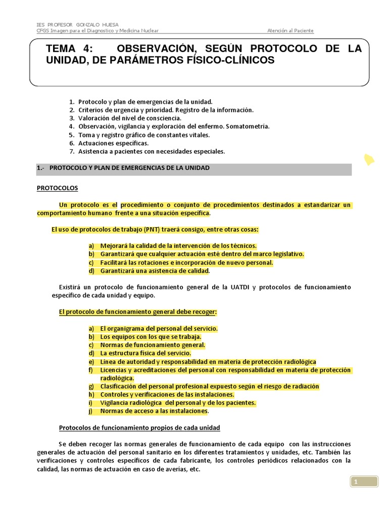 Tema 4. Observación, Según Protocolo de La Unidad, de Parámetros Físico-Clínicos | PDF ...