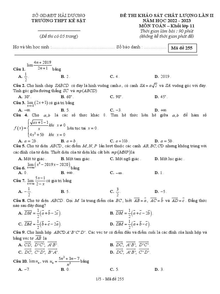 De Khao Sat Toan 11 Lan 2 Nam 2022 2023 Truong THPT Ke Sat Hai Duong | PDF
