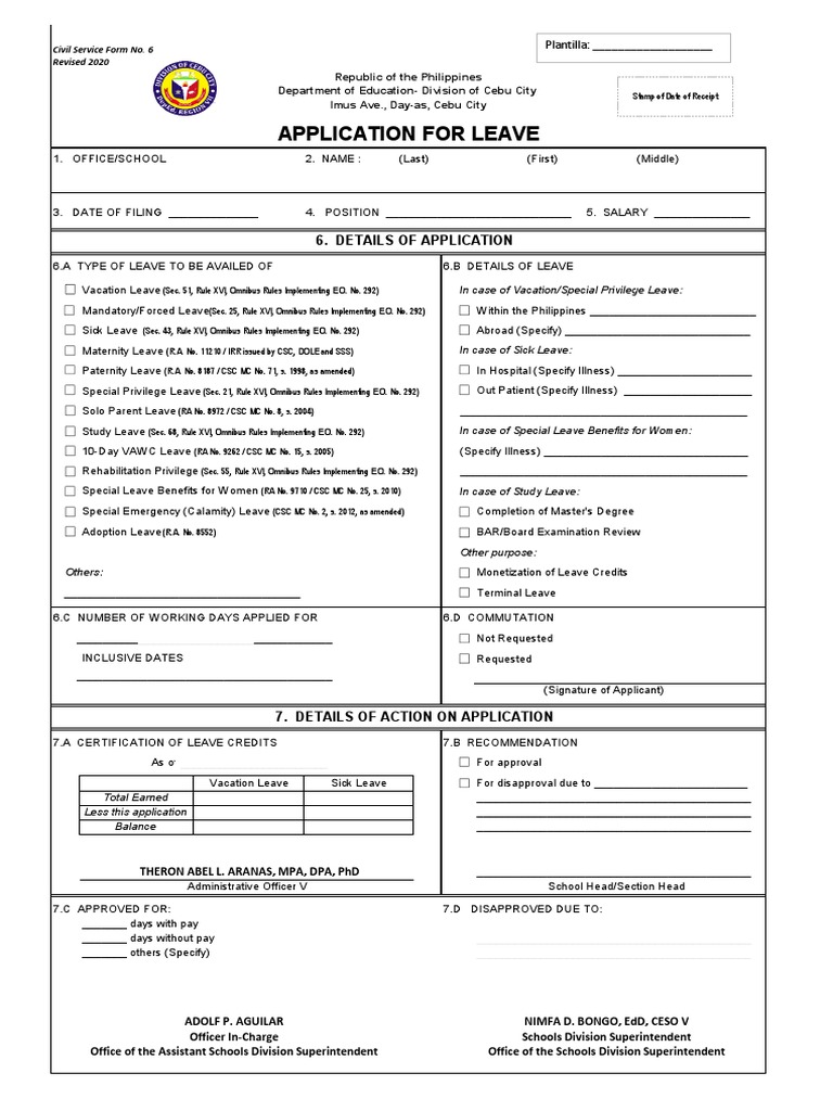 CS Form No. 6 Revised 2020 Application For Leave Fillable | PDF