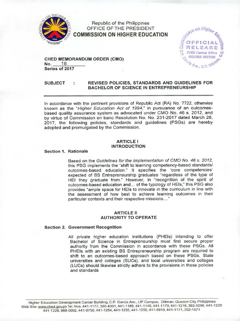 CHED CMO On Bachelor of Science in Entrepreneurship | PDF | Entrepreneurship | Curriculum