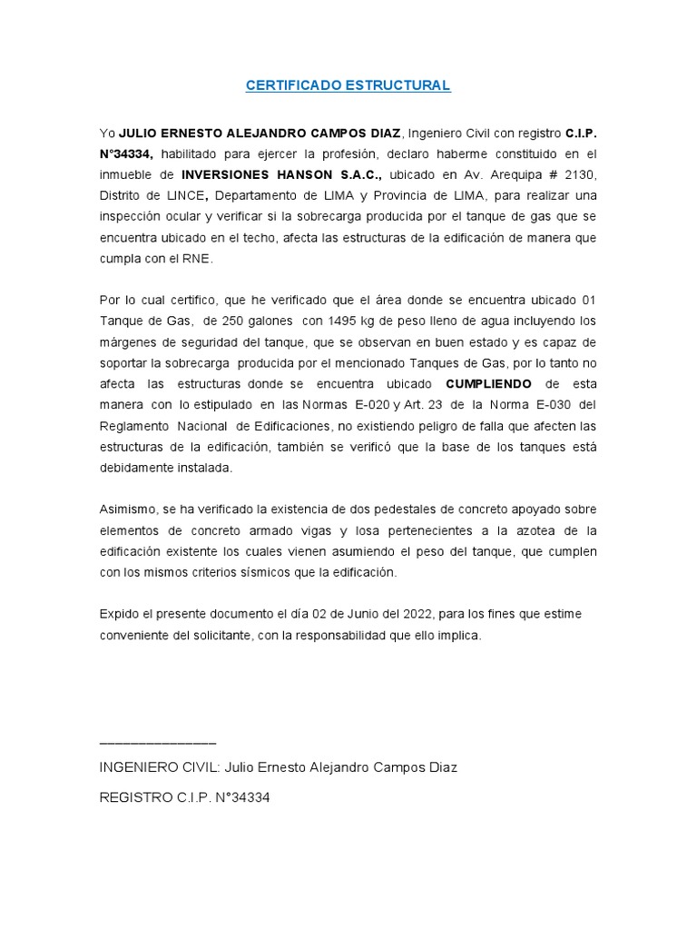 CERTIFICADO ESTRUCTURAL - Tanque de Gas Corregido | PDF