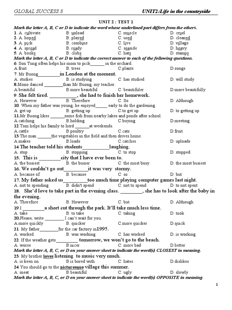 Unit 2 Test: Life in the Countryside | PDF