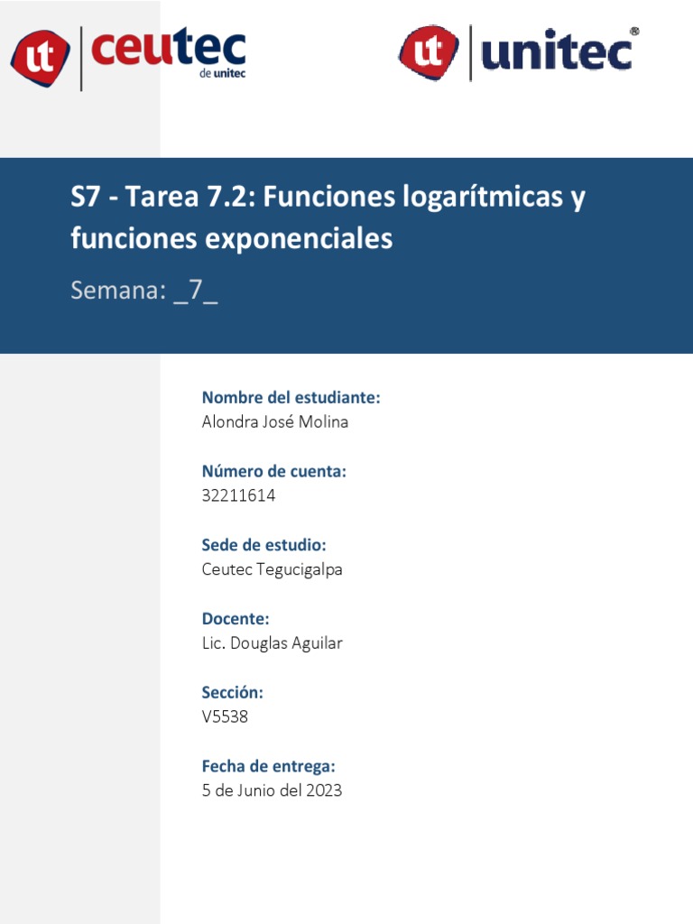 S7 - Tarea 7.2 - Funciones Logarítmicas y Funciones Exponenciales - AlondraMolina | PDF