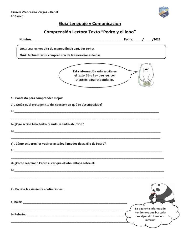 Guia Comprension Lectora 4° Pedro y El Lobo | PDF