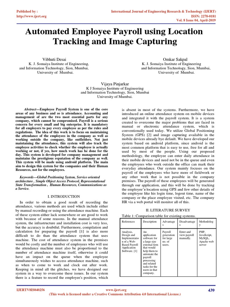 Automated Employee Payroll Using Location Tracking and Image Capturing IJERTV8IS040256 | PDF ...