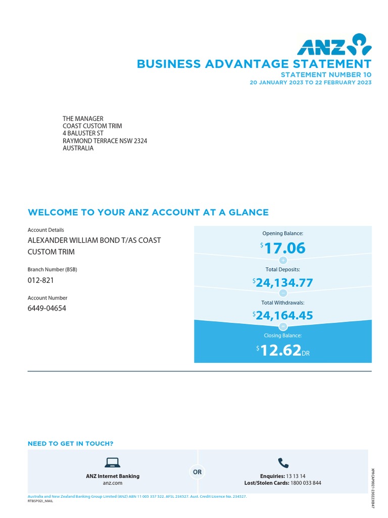 Business Advantage Statement: Welcome To Your Anz Account at A Glance | PDF | Debit Card | Banks