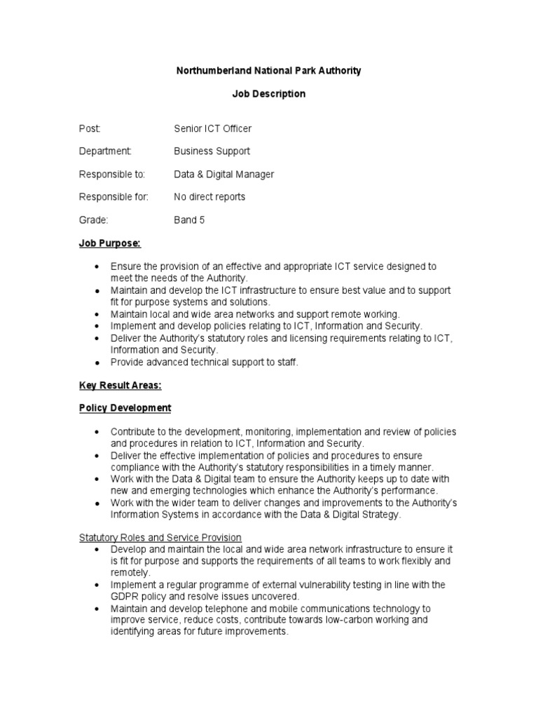 Senior ICT Officer Job Description | PDF | Information And ...