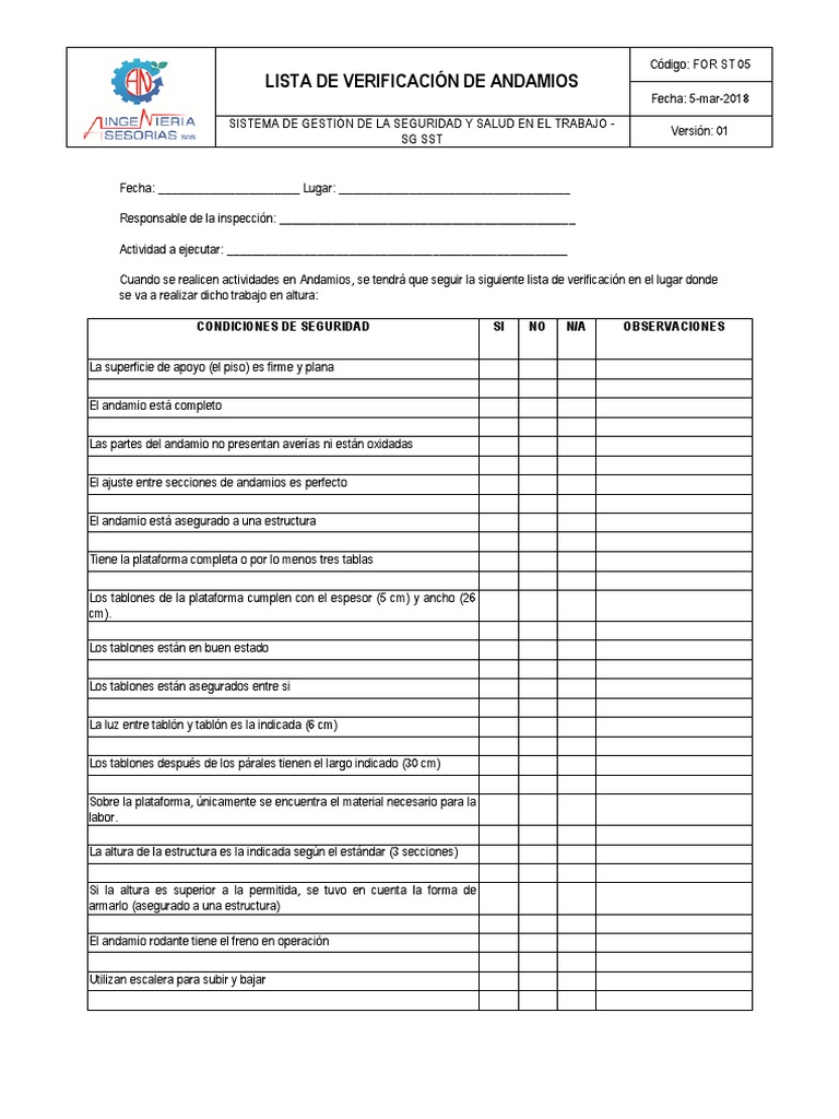 Formato de Inspeccion Andamios Colgantes | PDF | Andamio