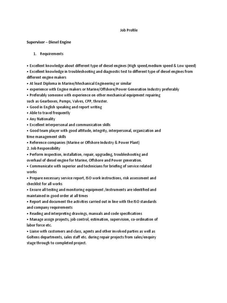 Diesel Engine Supervisor Job Profile | PDF