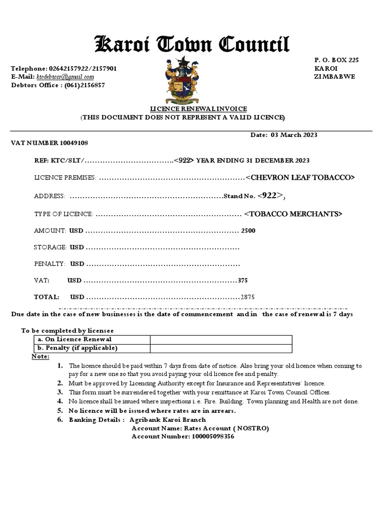 Karoi Town Council License Renewal Invoice | PDF