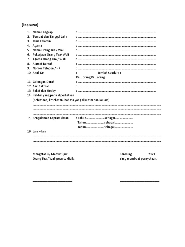 Formulir Pendaftaran Ektrakulikuler Pramuka | PDF