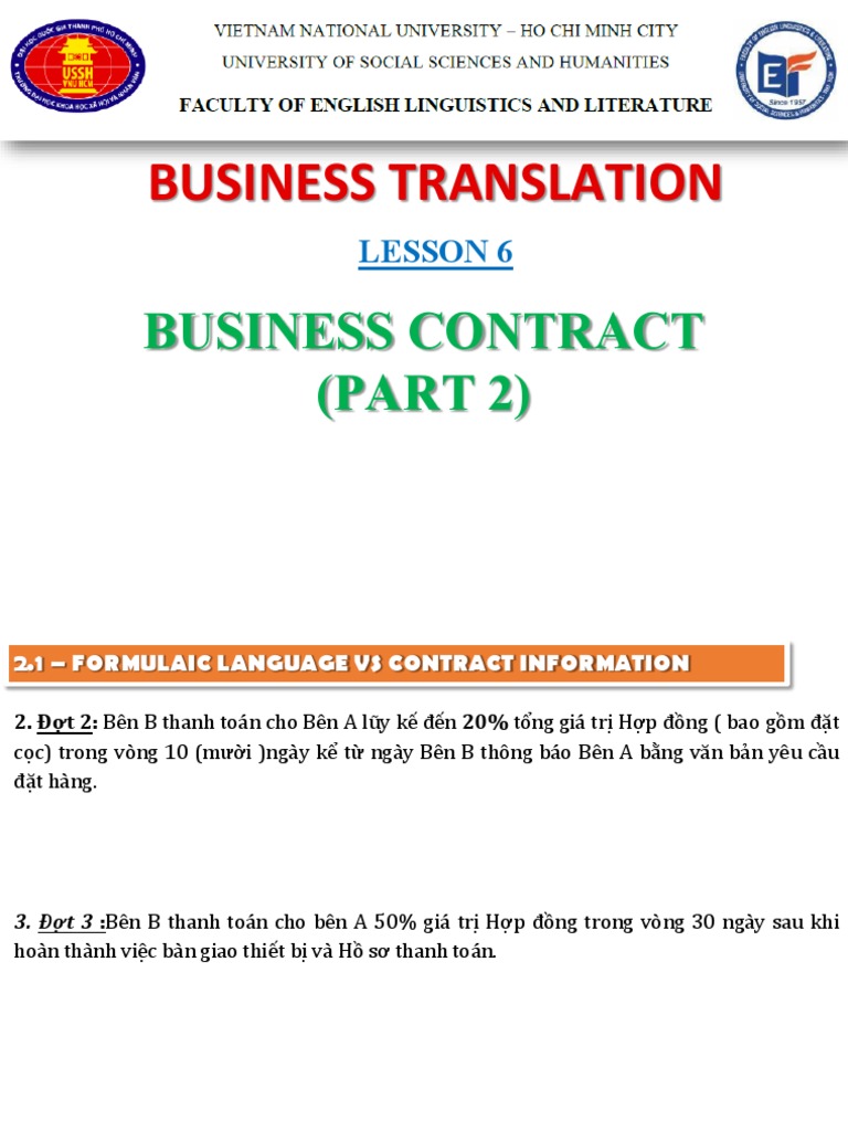 KHXHNV - BUSINESS TRANSALATION - LESSON 6 - BUSINESS CONTRACT - Part 2 (Repaired) | PDF