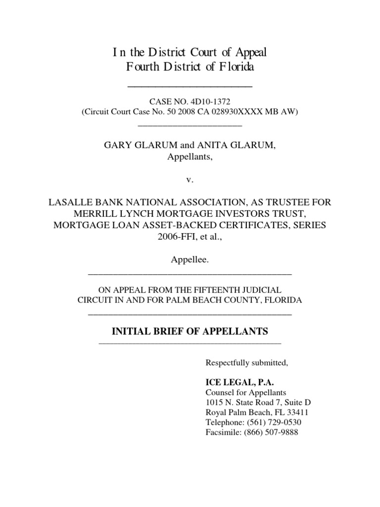 Florida Appeal Brief: Glarum v. LaSalle Bank | PDF | Summary Judgment ...