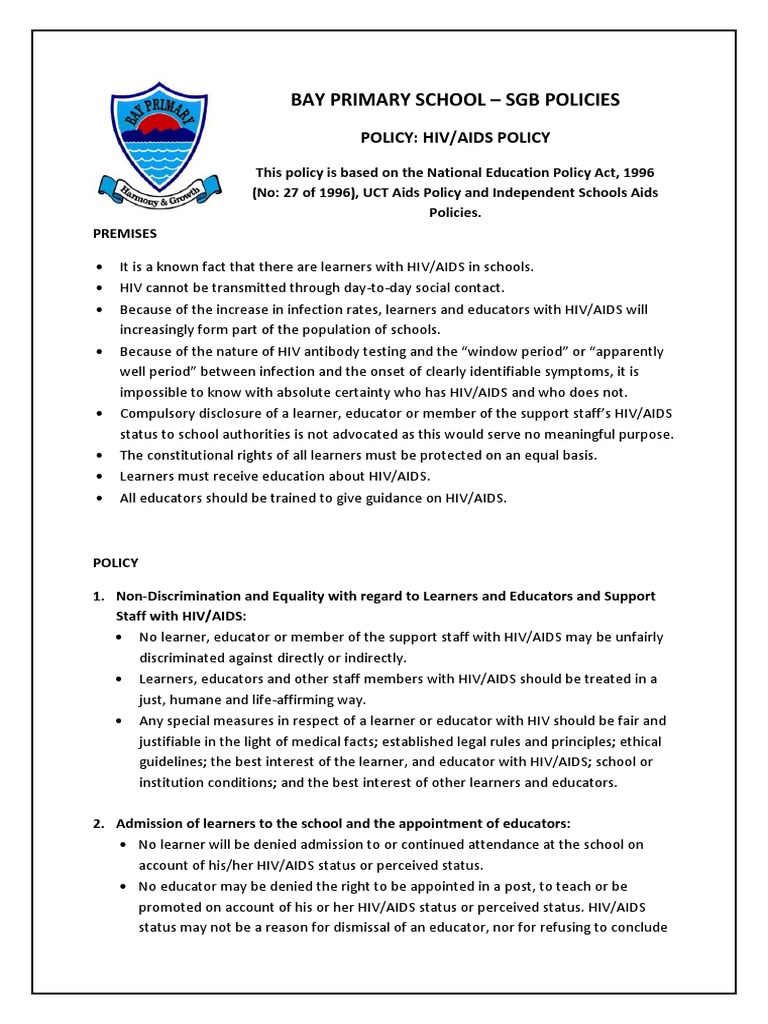 Bay Primary School - SGB Policies: Policy: Hiv/Aids Policy | Download ...