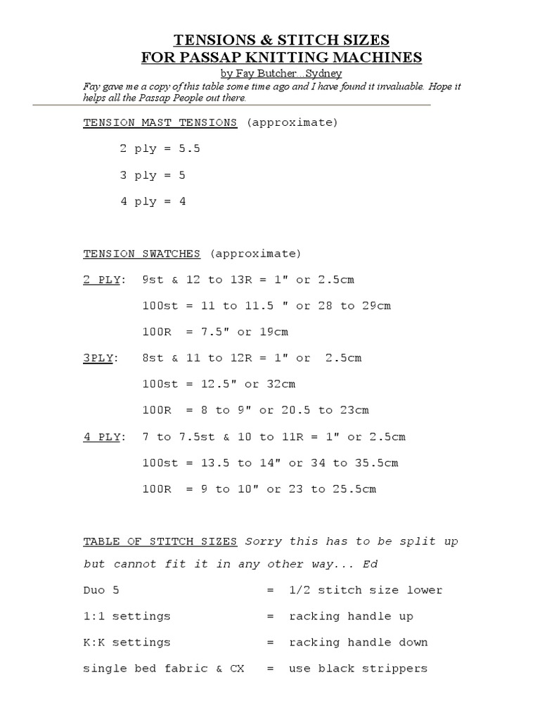 Stitch Sizes and Tension For Passap | PDF
