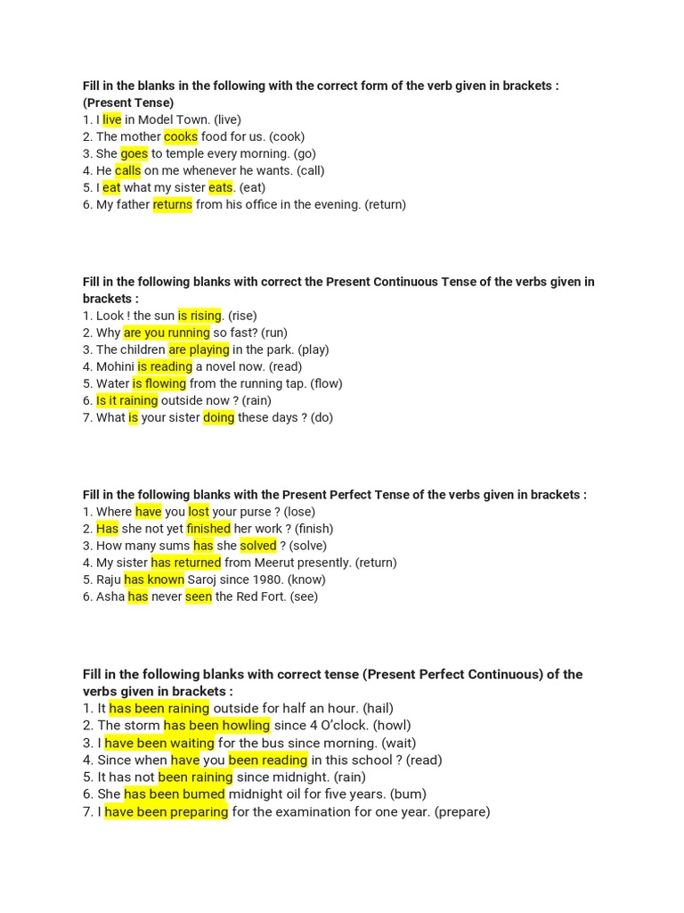 Fill in The Blanks in The Following With The Correct Form of The Verb ...