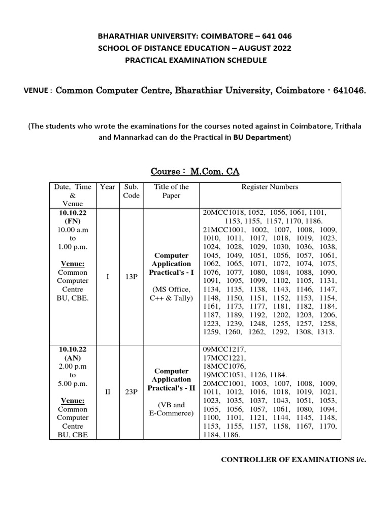 CA - Bharathiar University - Practical Schedule | PDF | Computer ...