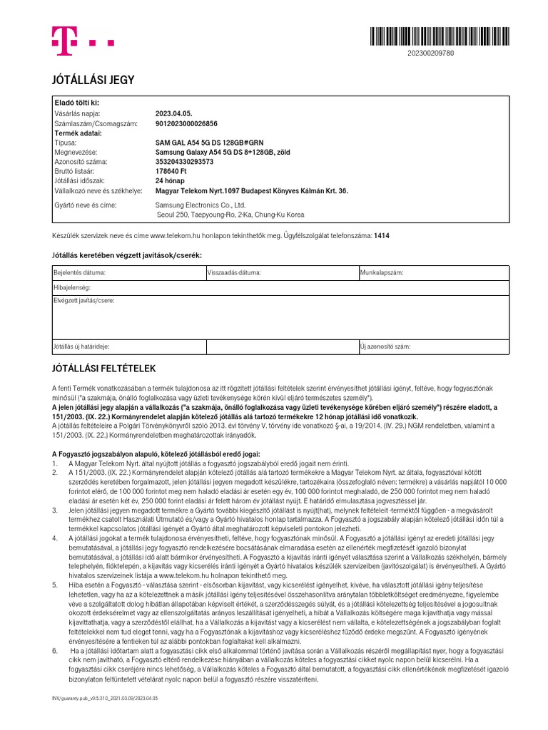 Jótállási Jegy: Eladó Tölti Ki | PDF