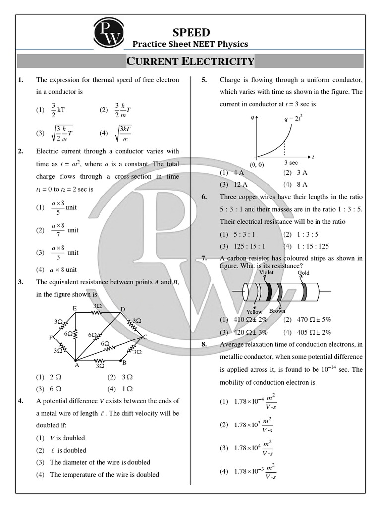 Current Electricity Practice Sheet Lakshya Neet 2024 Pdf