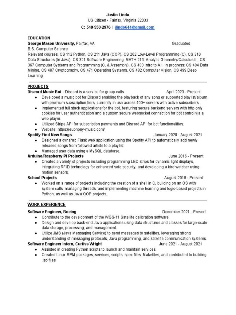 Justin Lindo Resume | Download Free PDF | Java (Programming Language) | Software