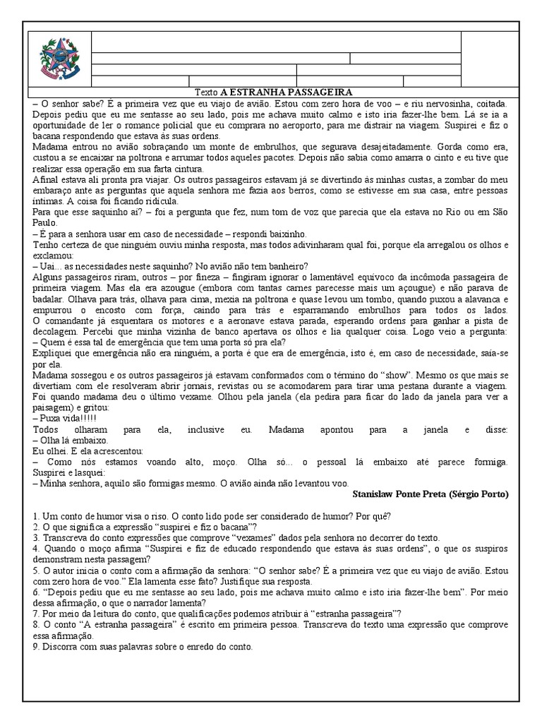 Atividade 8 Ano Conto de Humor | PDF | Contos | Avião