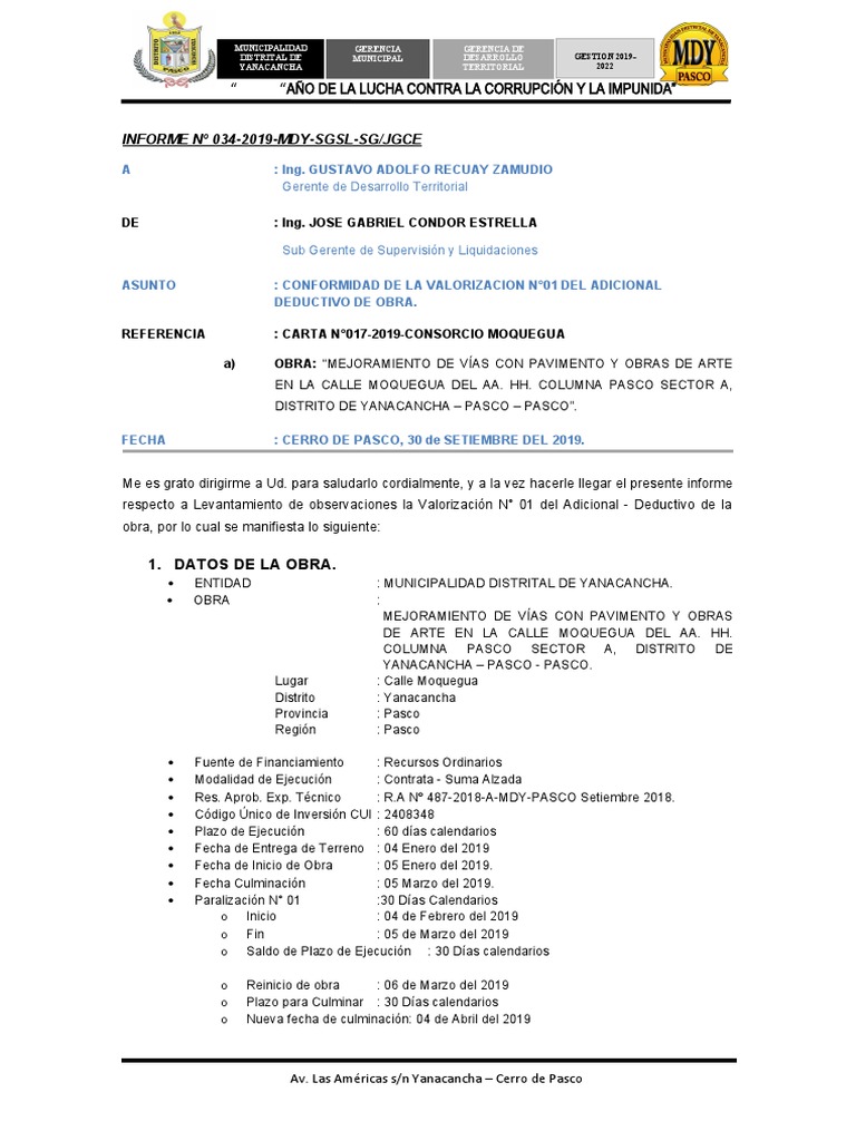 Informe Valorizacion Adicional Deductivo #01 Moquegua | PDF