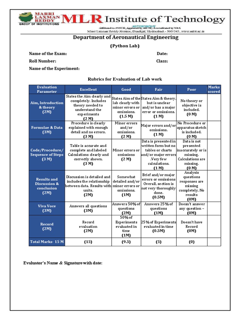 Python Lab Internal Rubrics 15 M | PDF | Rubric (Academic) | Experiment