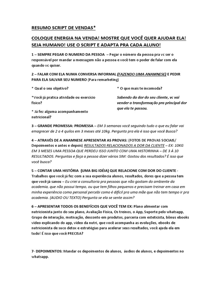 Resumo Script de Vendas | PDF | Dor | Tempo